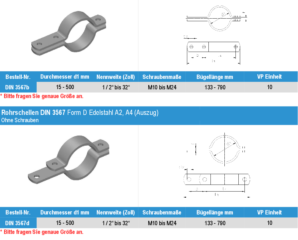 Rohrschelle DIN 3567 Form B, D Edelstahl A2, A4